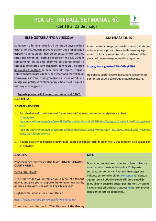 Pla treball sisena setmana | PDF