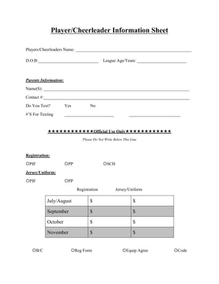 Player Information Sheet | DOCX