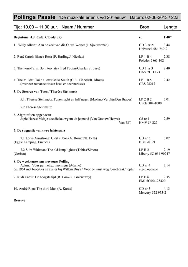Playlist pollings passie 2 juni 2013, 10-11 uur | PDF