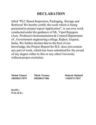 Plc based inspection, packaging, storage and retrieval application | DOCX