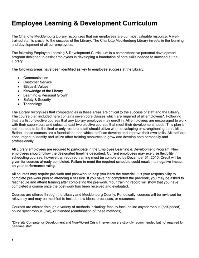 PLCMC Employee Learning & Development Curriculum 2009-2010 | PDF