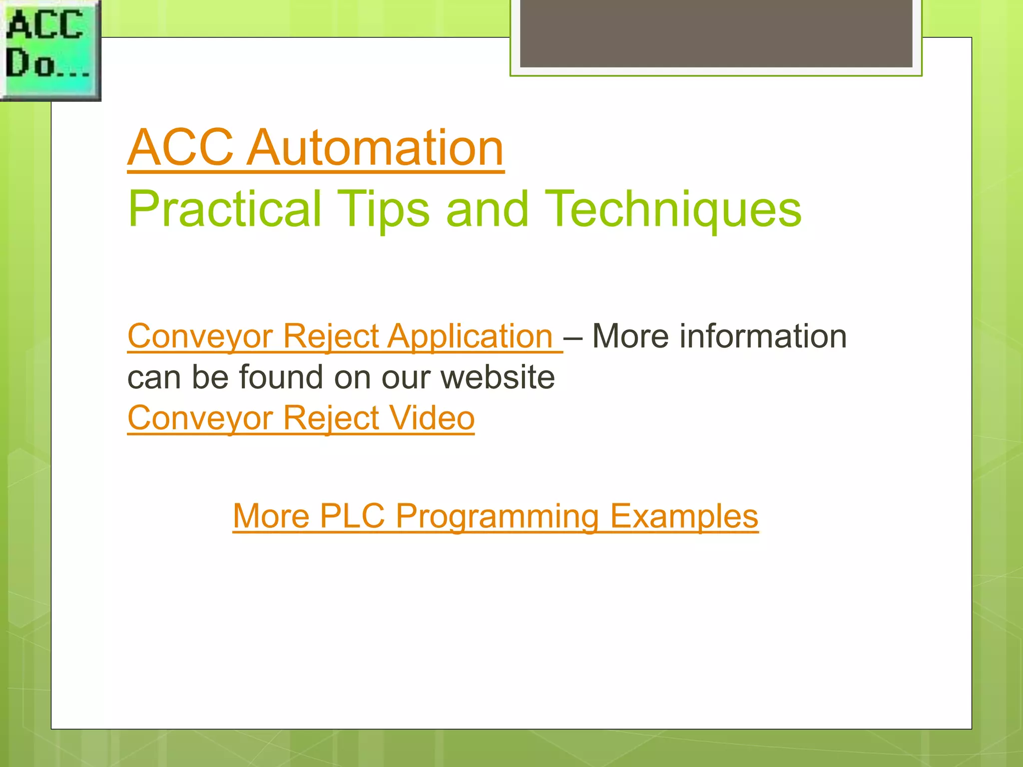 Plc Programming Example Conveyor Reject Shift Register Ppt