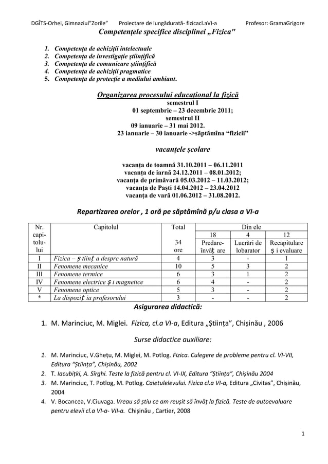 Pld 2011 2012 fizica cl.6 | DOCX