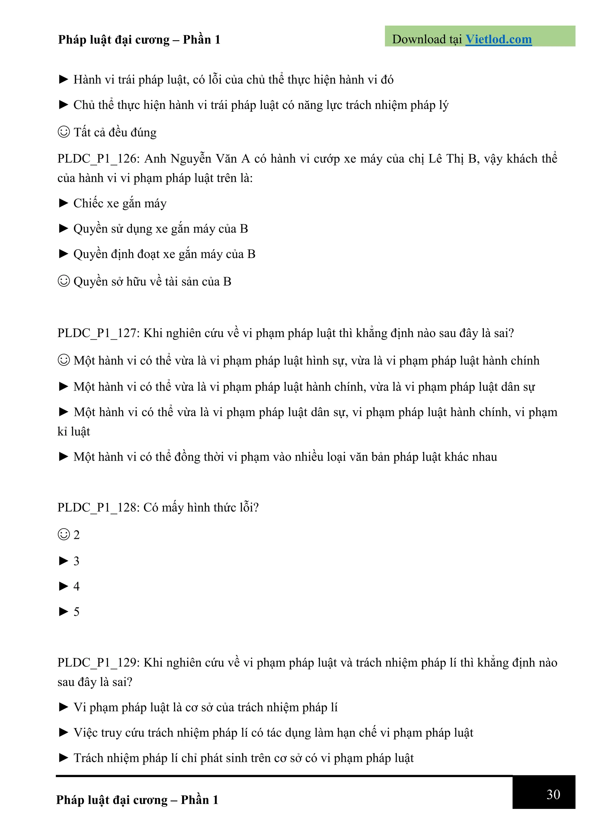 Bộ đề trắc nghiệm Pháp luật đại cương - P1 | PDF