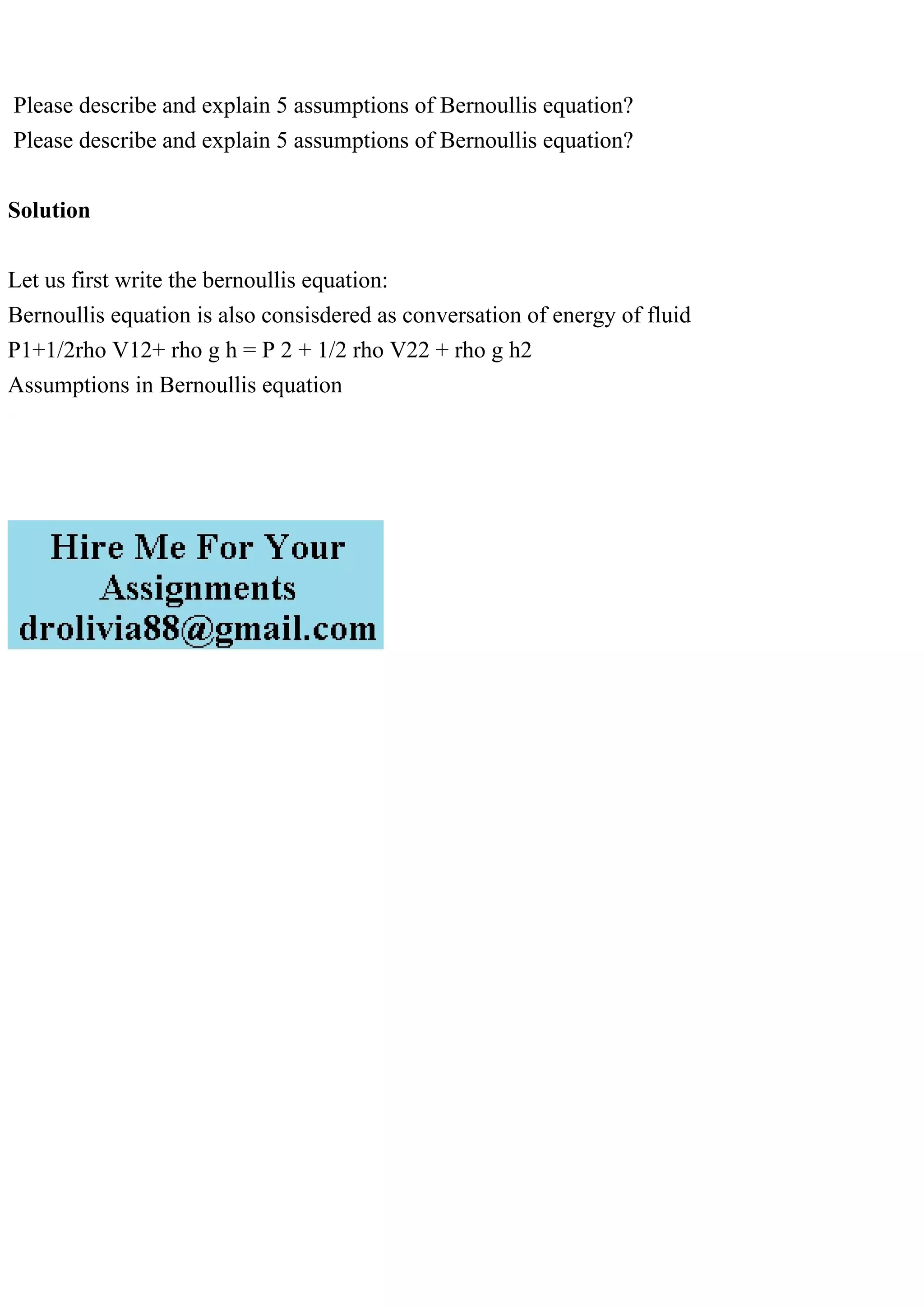 Please Describe And Explain 5 Assumptions Of Bernoullis Equation Pdf