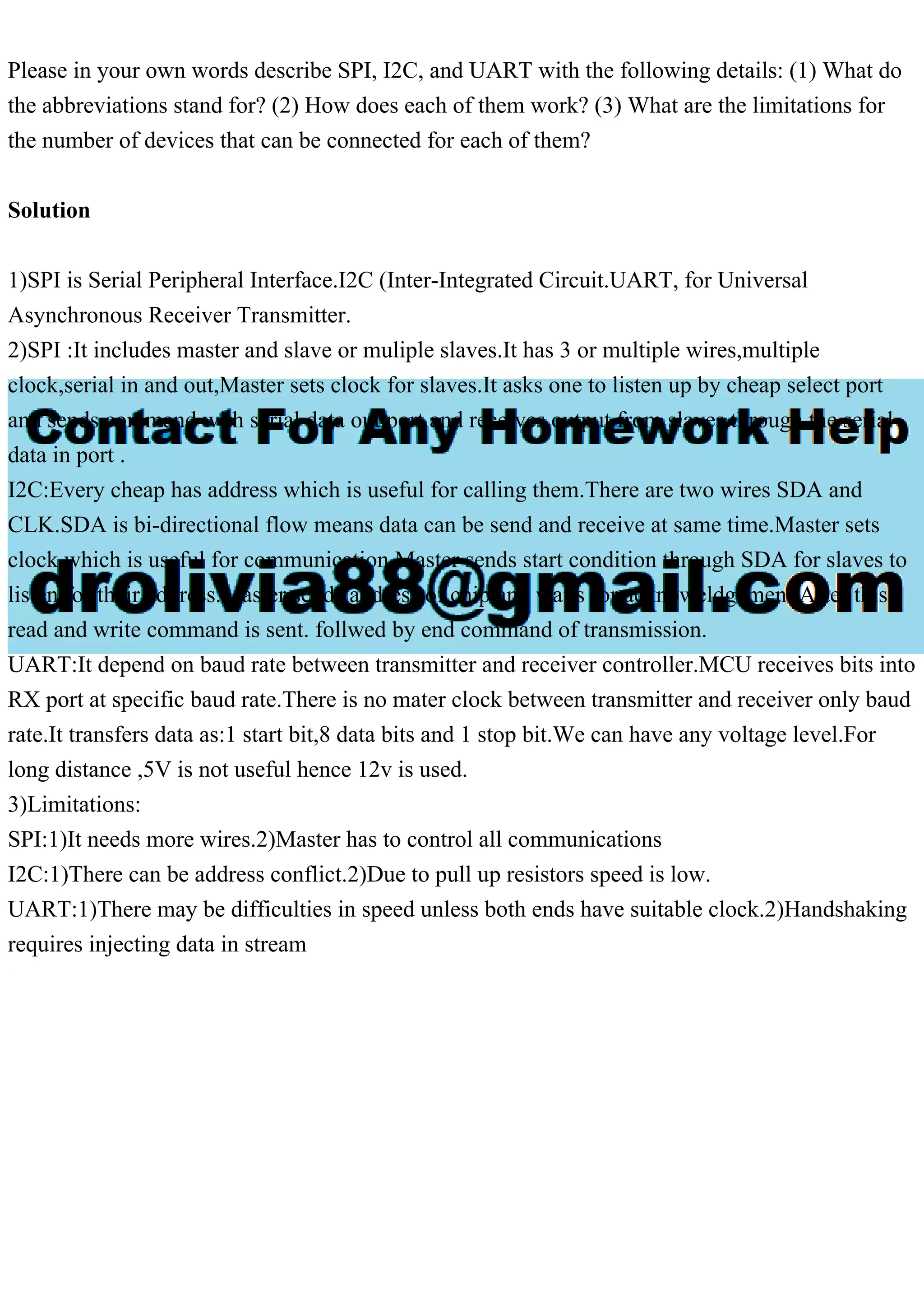Please in your own words describe SPI, I2C, and UART with the follow.pdf | Computer Networking ...