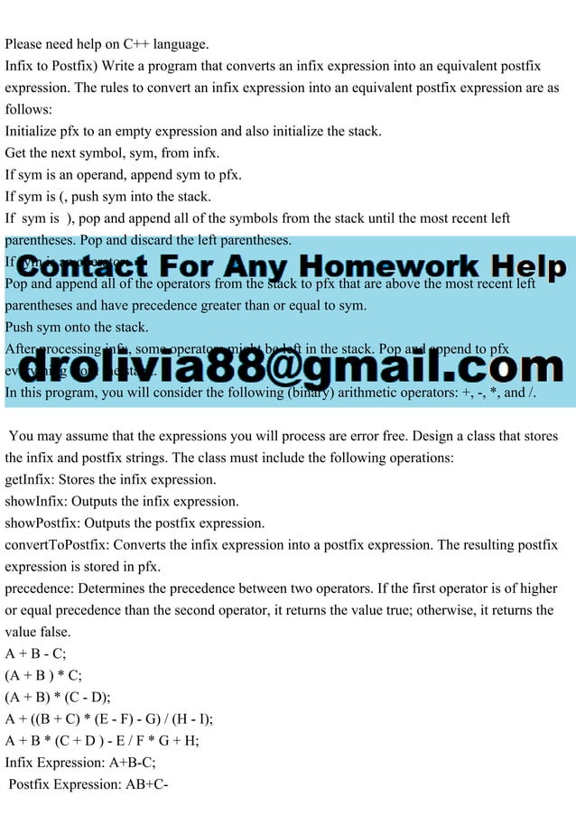 Please need help on C++ language.Infix to Postfix) Write a program.pdf