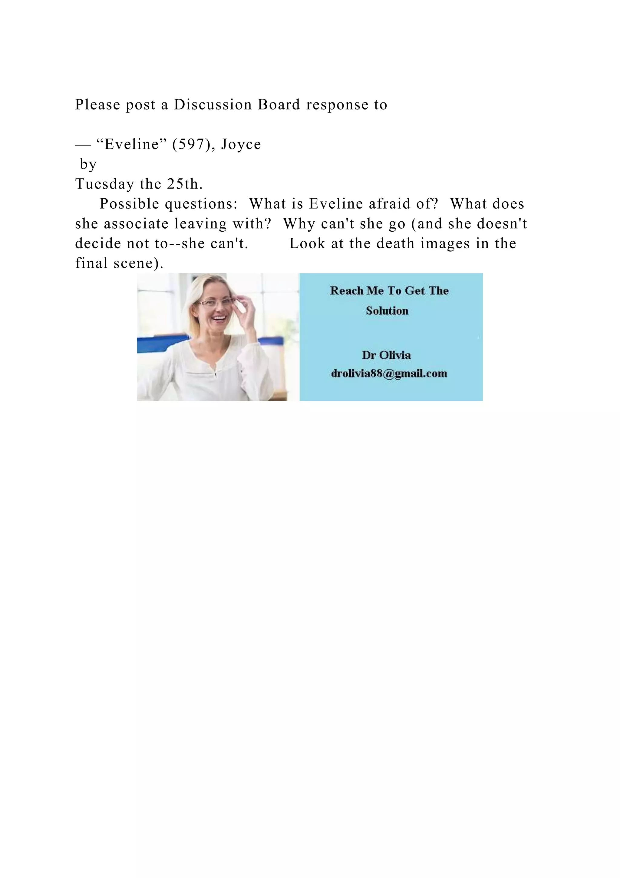 Please post a Discussion Board response to— Eveline” (597), Joy.docx | Death, Injury, or ...
