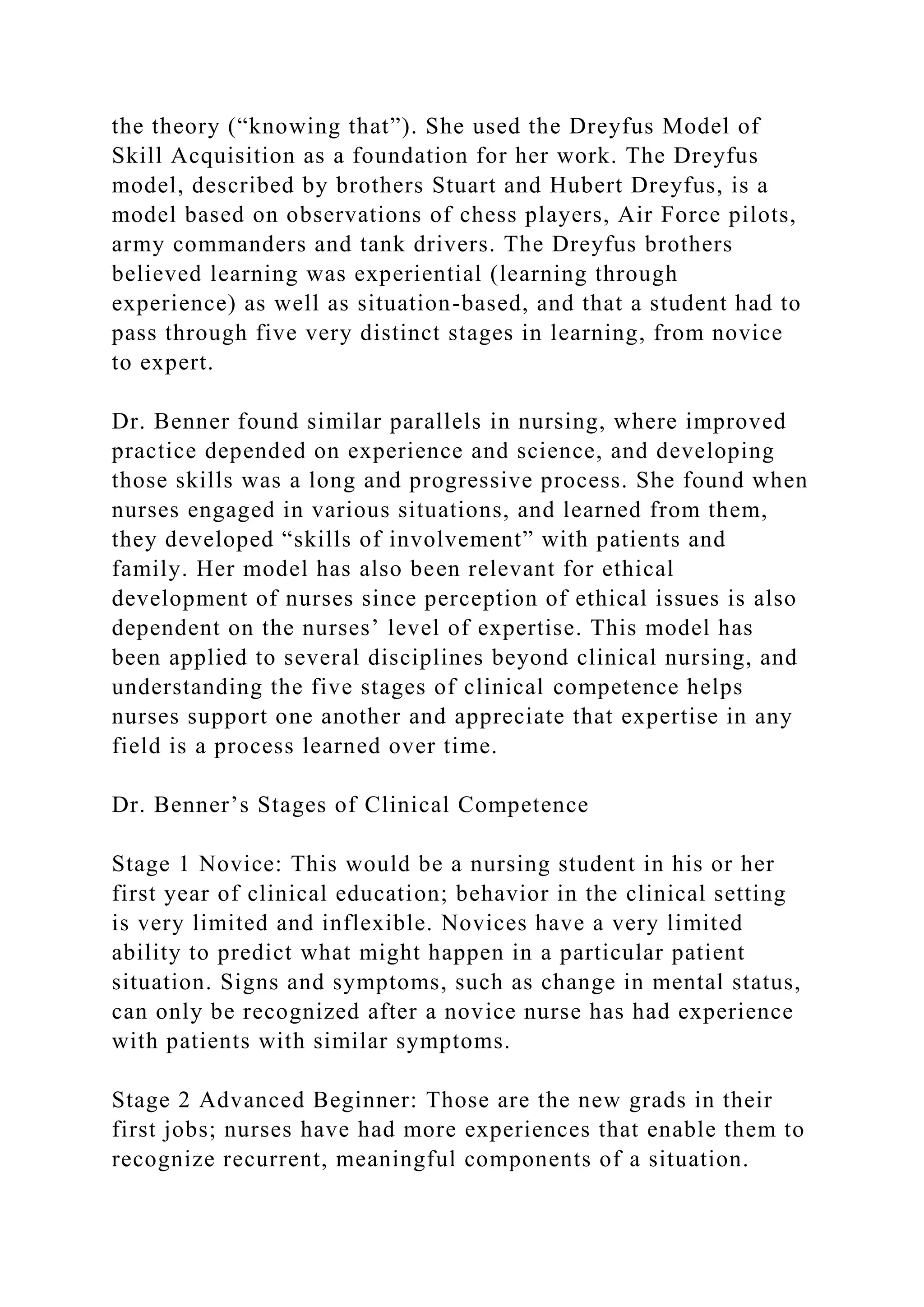 Please read Patricia Benners Five Stages of Proficiency. Explai.docx