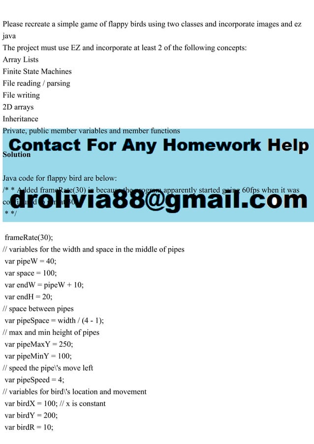 Please recreate a simple game of flappy birds using two classes and .pdf