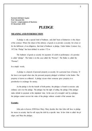 Report on the Pledge in Legal aspects of business | PDF