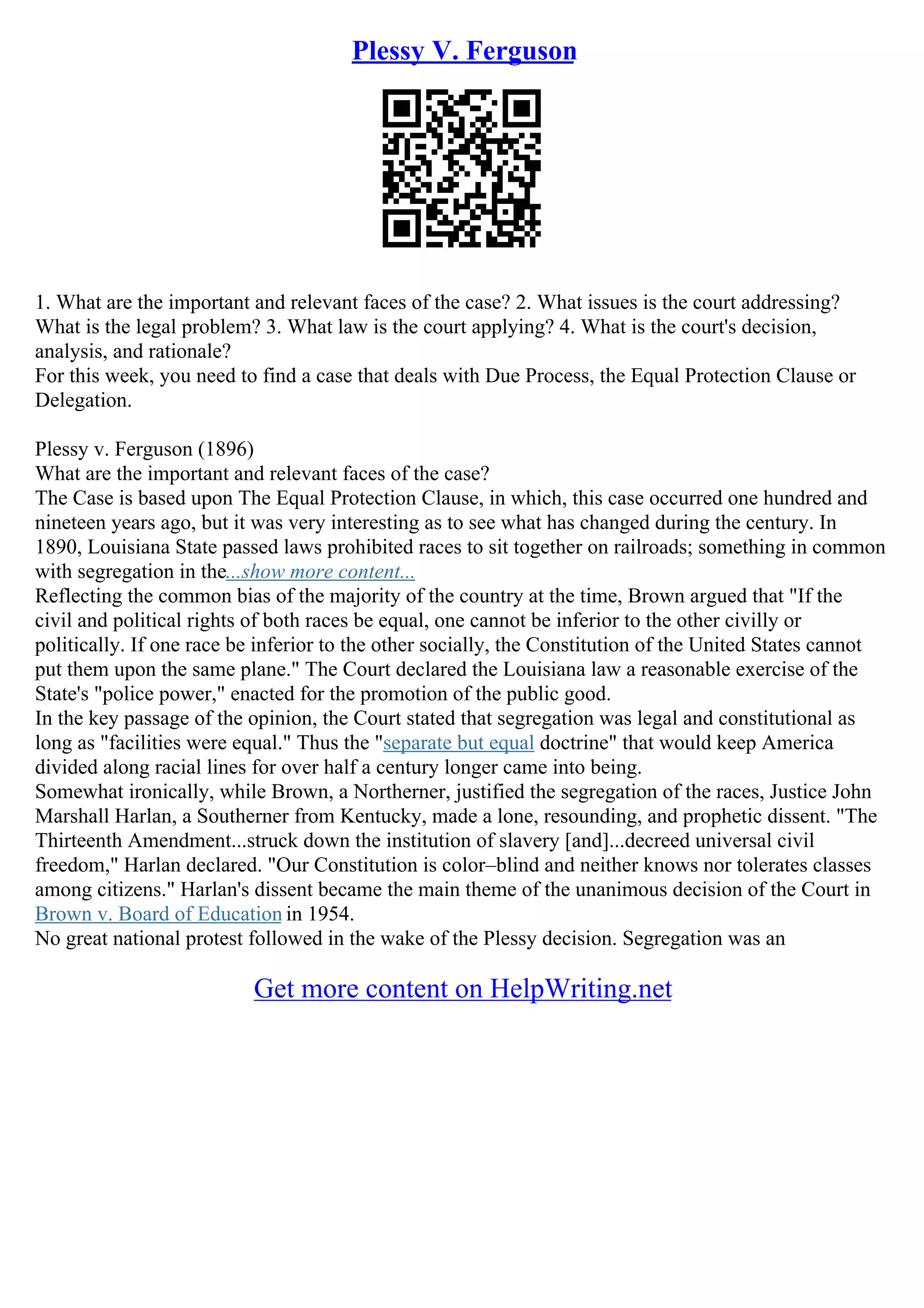 Plessy V Ferguson Essay | PDF