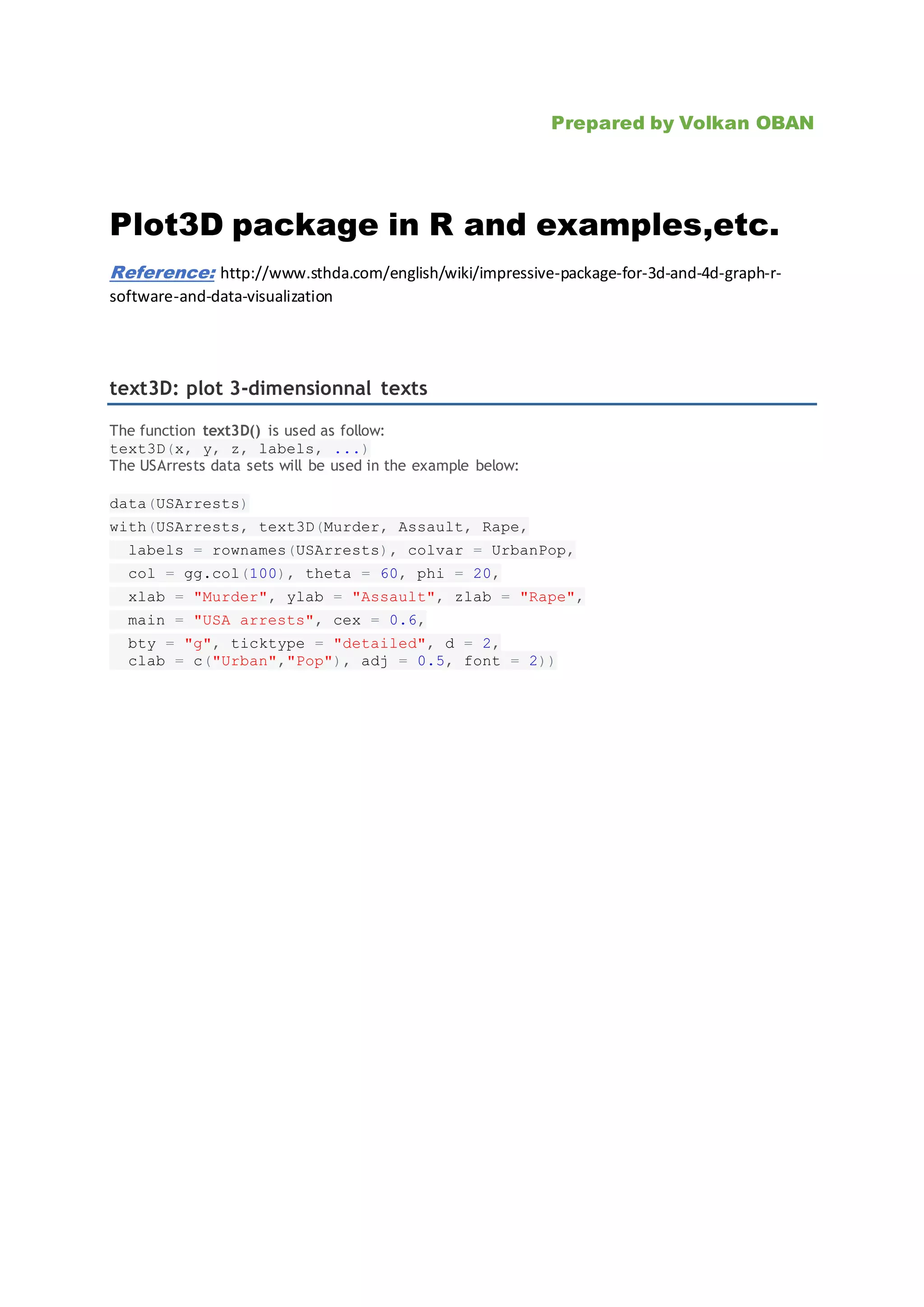 Plot3D Package and Example in R.-Data visualizat,on | PDF