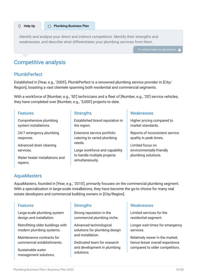 plumbing business plan example | upmetrics | PDF