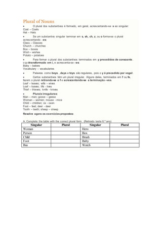 Plural of nouns 6º ano ingles | DOCX