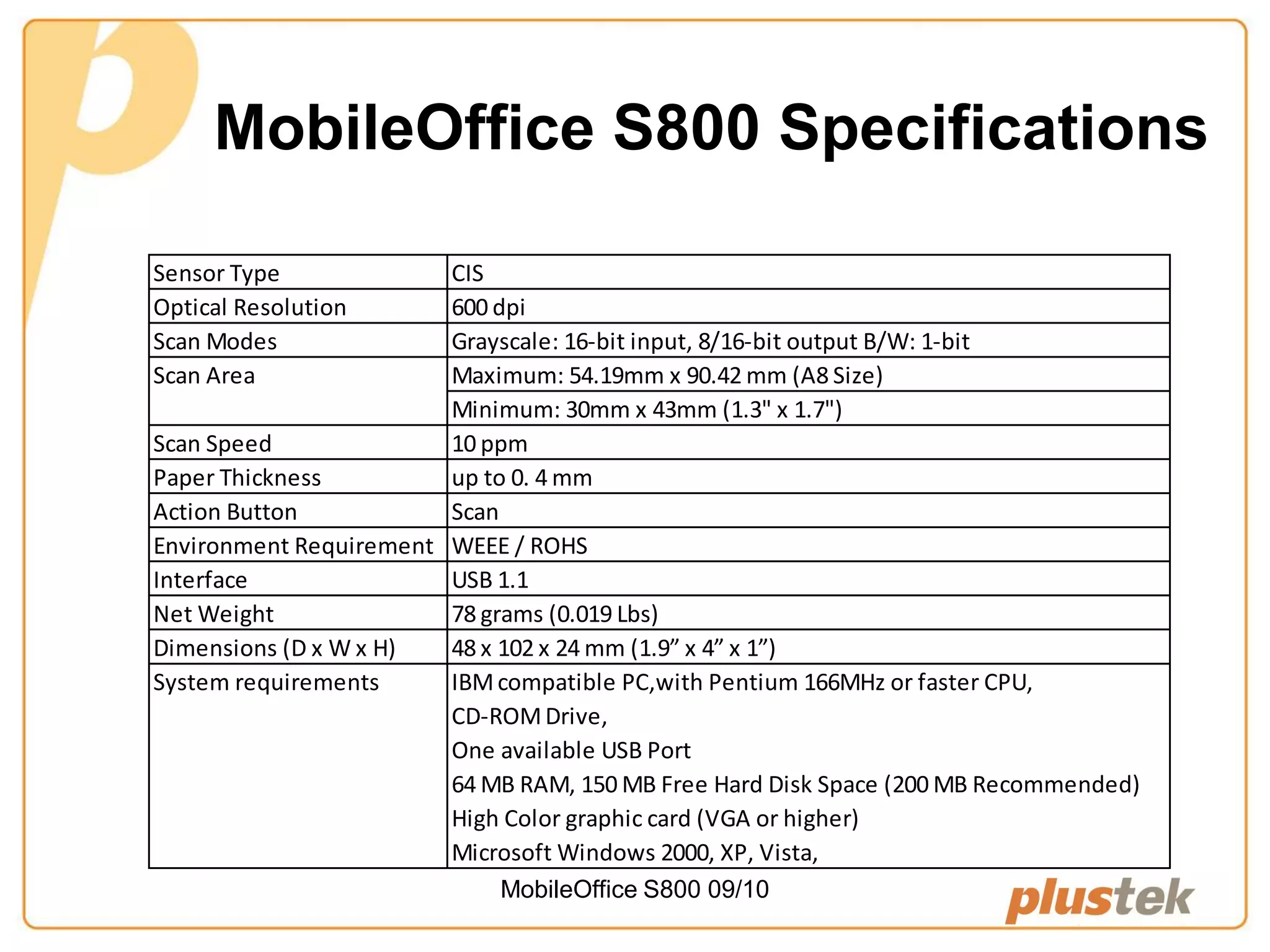 Plustek MobileOffice S800 Business Card Scanner | PDF