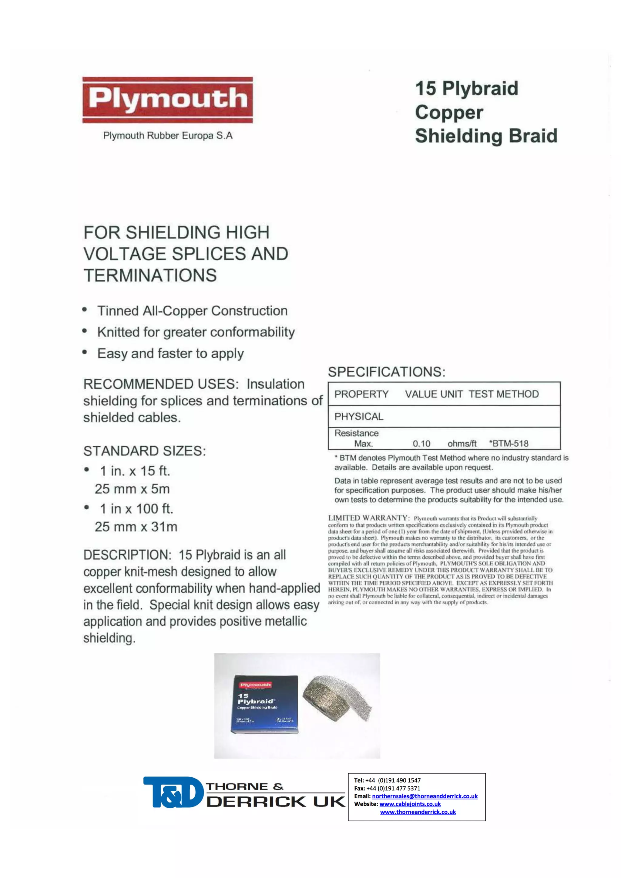 Plymouth 15 Plybraid Tinned Copper Shielding High Voltage Tape | PDF