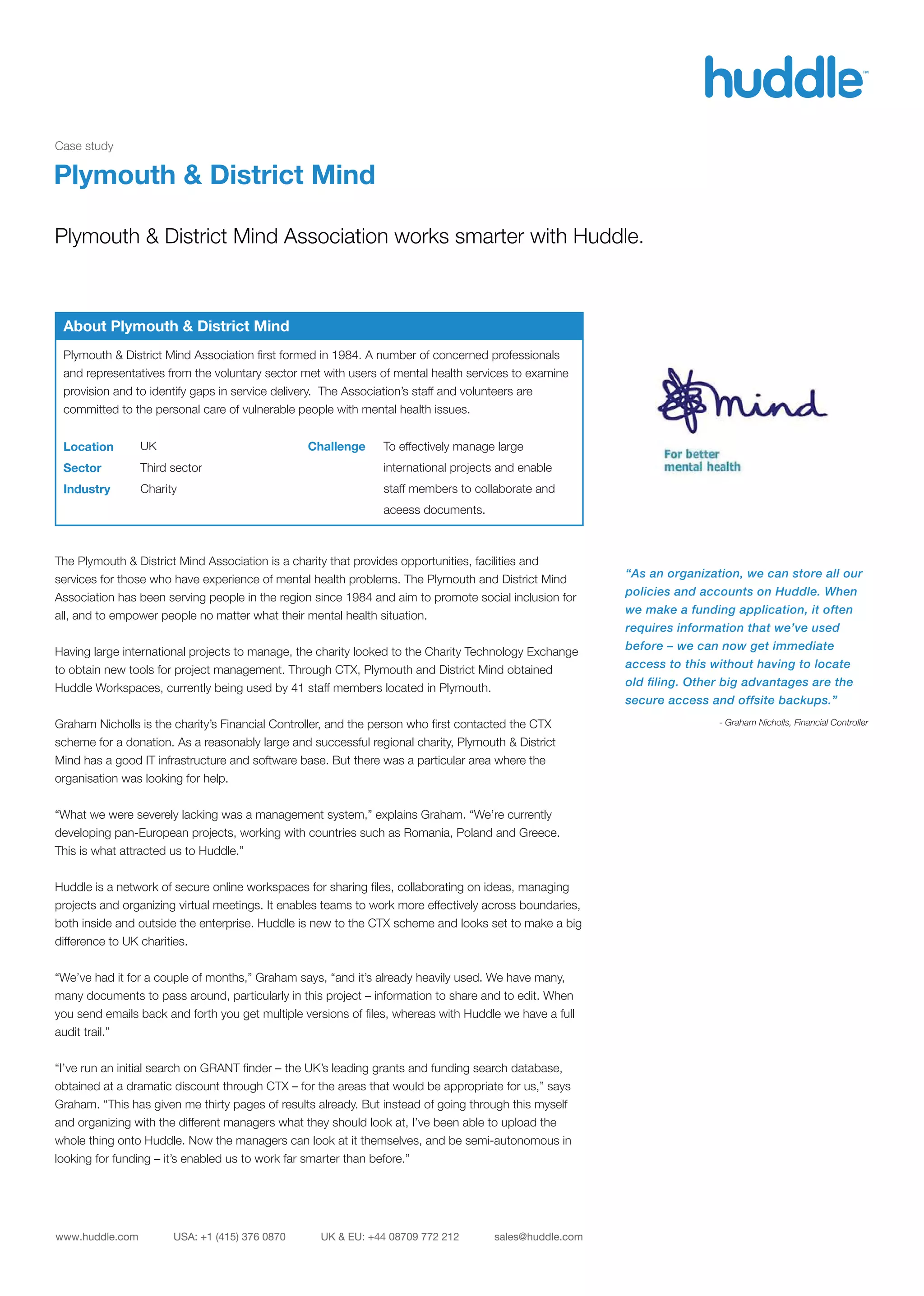 Plymouth & District Mind Association works smarter with Huddle. | PDF