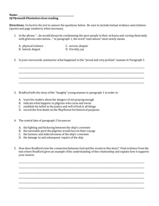 Plymouth plantation txt dep questions | DOCX | Christianity | Religion ...