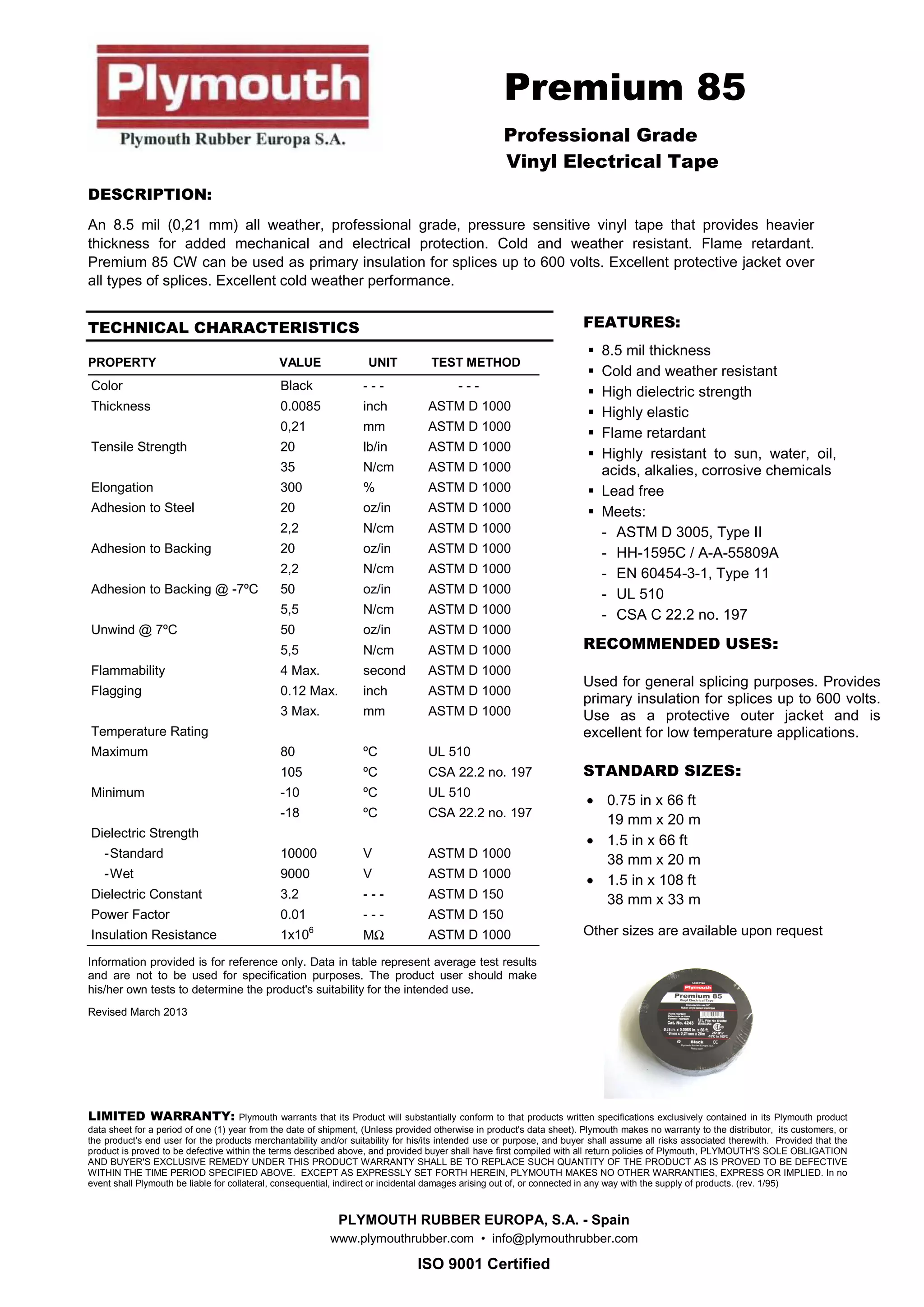 Plymouth Premium 85 CW Vinyl Plastic Electrical Tapes | PDF