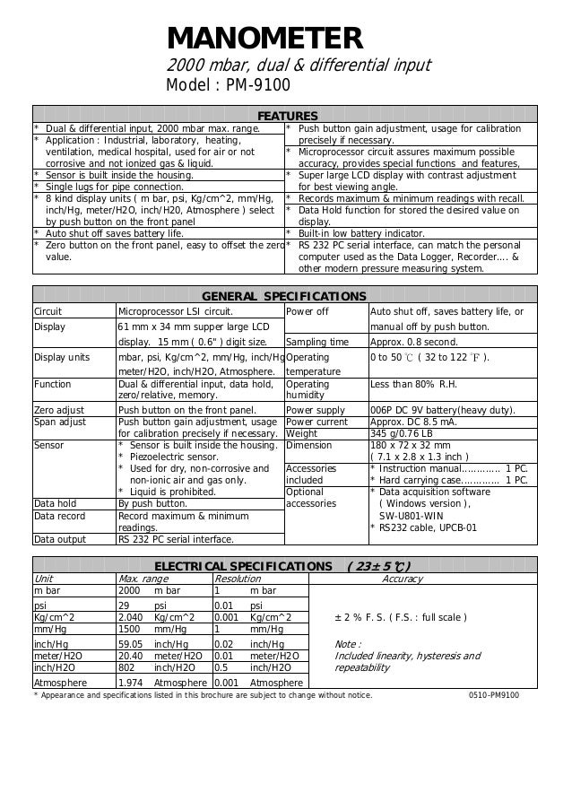 Lutron PM-9100 Manometer 2000 Mbar, Differential Input