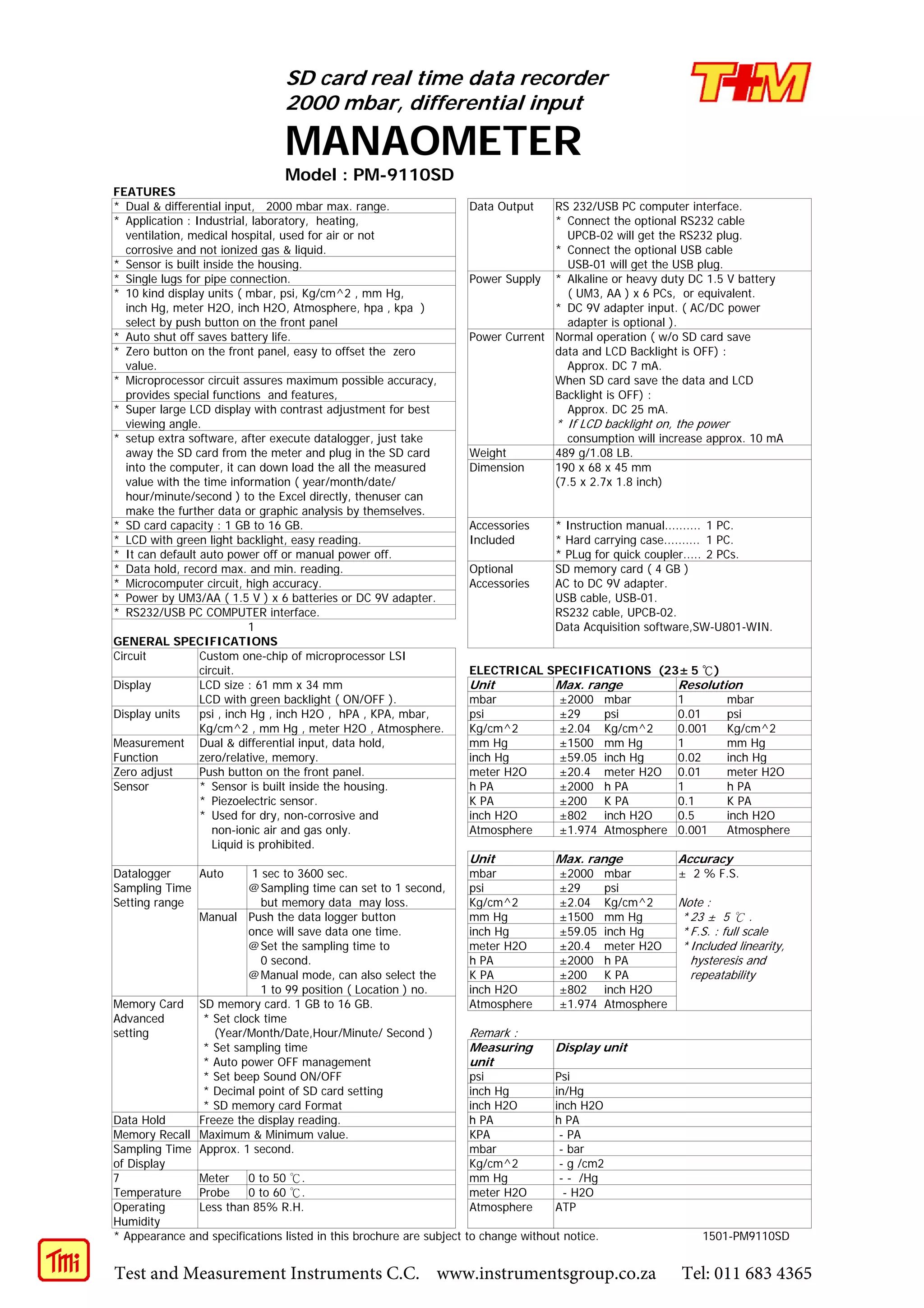 Lutron PM-9110SD Manometer | PDF
