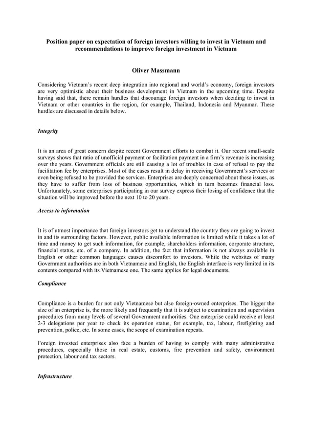 Position paper on expectation of foreign investors willing to invest in ...