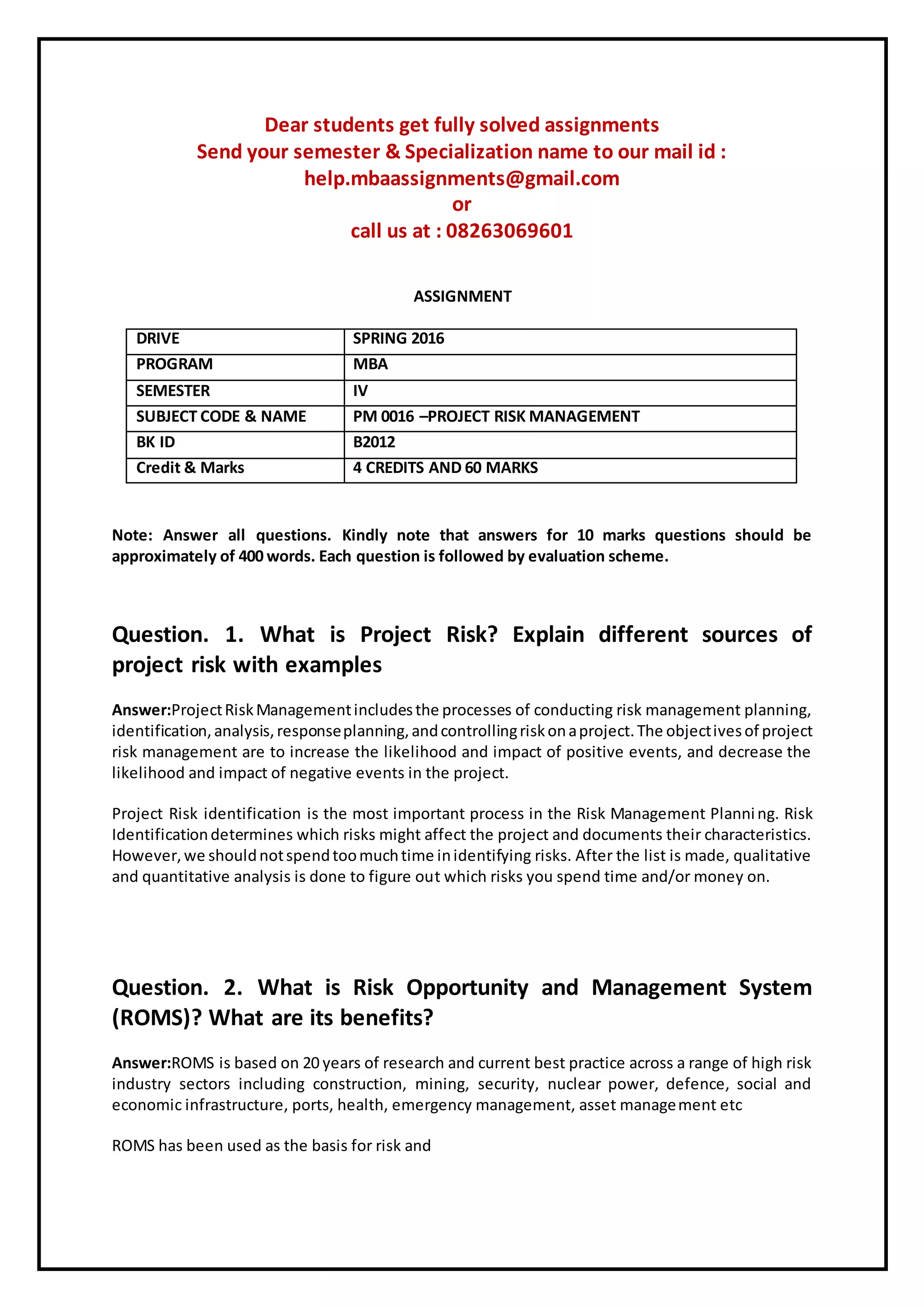 Pm 0016 project risk management | DOCX