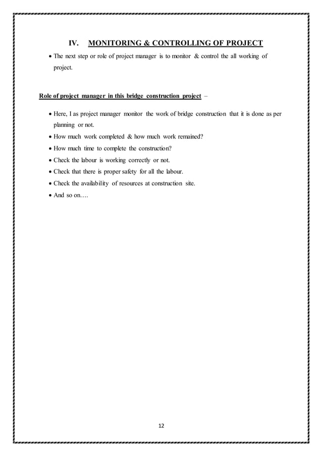 PROJECT MANAGEMENT - ASSIGNMENT ON BRIDGE CONSTRUCTION PLAYS A ROLE OF ...