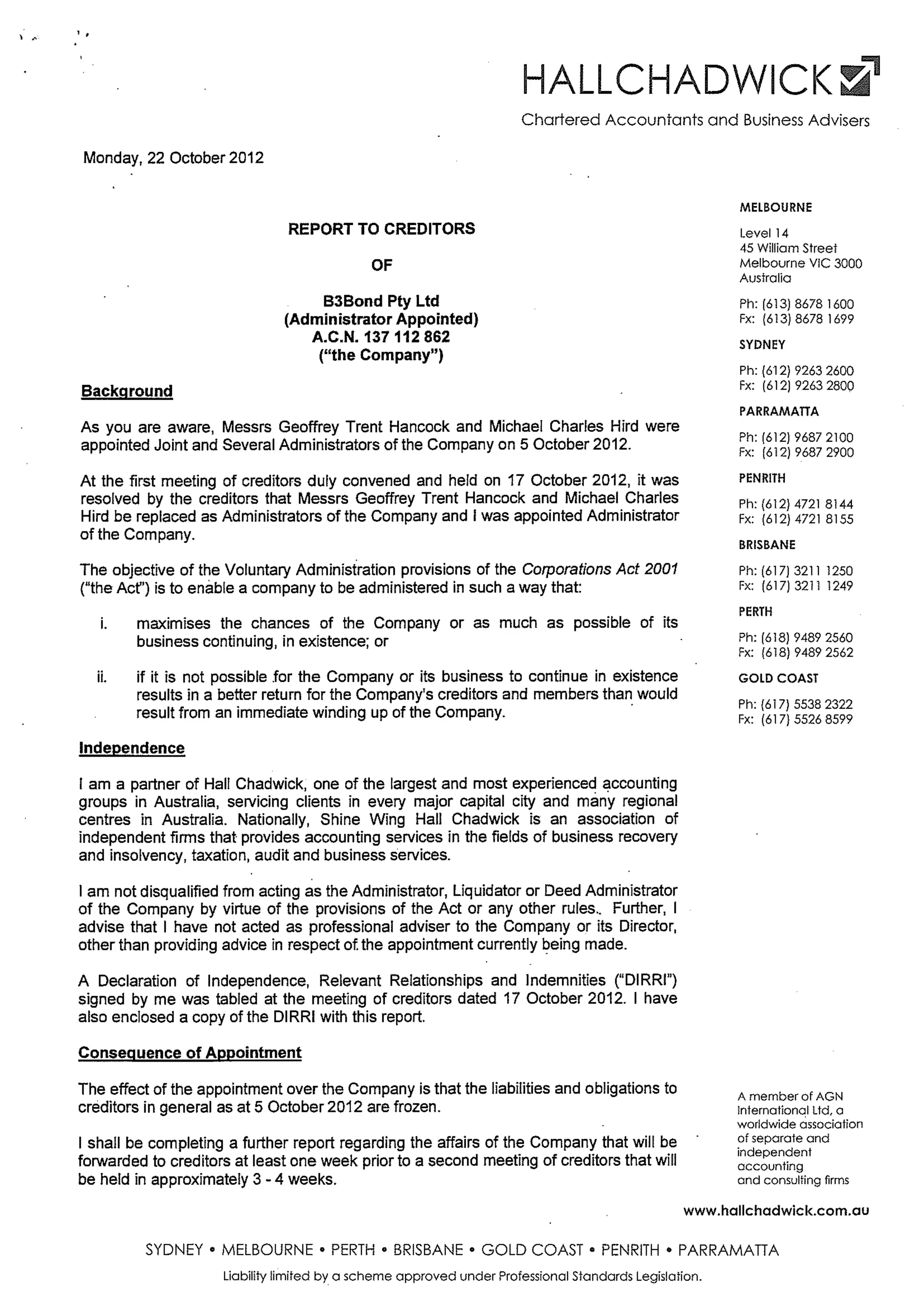 PMB Technologies and B3bond report to creditors. | PDF