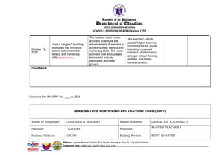PMCF Sample for Master Teachers in Secondary | DOCX