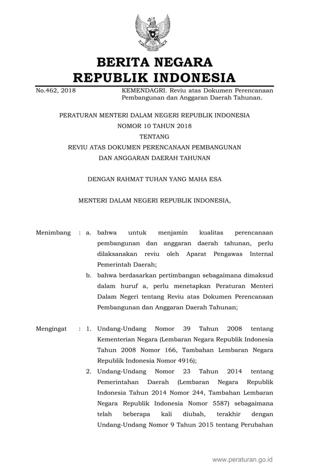 P mendagri 10 2018 reviu dokumen perencanaan pembangunan & anggaran ...