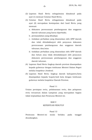 P mendagri 10 2018 reviu dokumen perencanaan pembangunan & anggaran ...