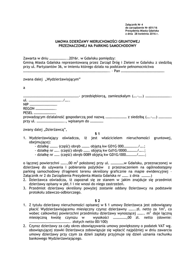 Umowa dzierżawy parkingów przy plażach w Gdańsku | PDF