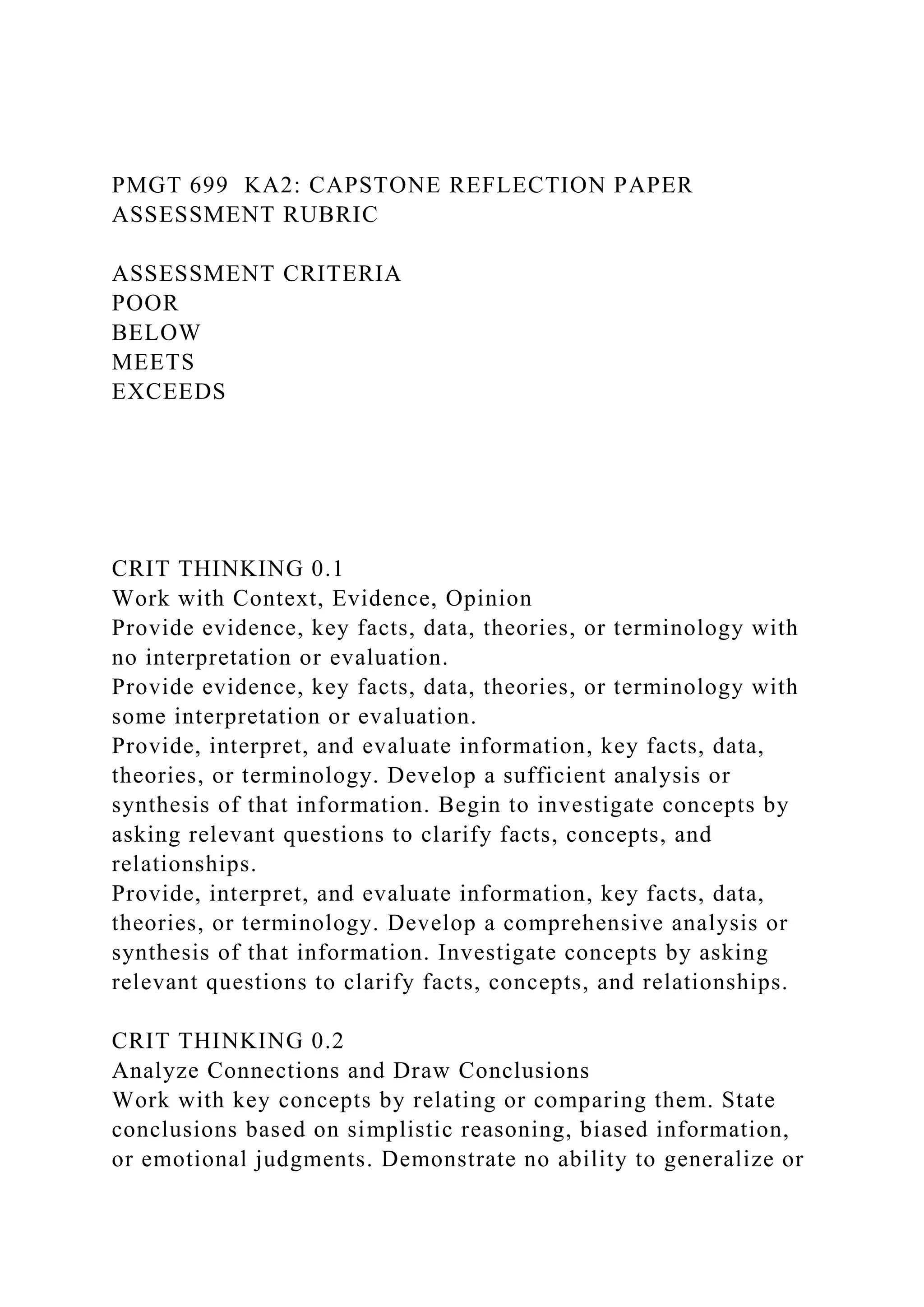 PMGT 699 KA2 CAPSTONE REFLECTION PAPER ASSESSMENT RUBRICASSE.docx