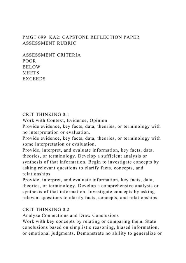 PMGT 699 KA2 CAPSTONE REFLECTION PAPER ASSESSMENT RUBRICASSE.docx