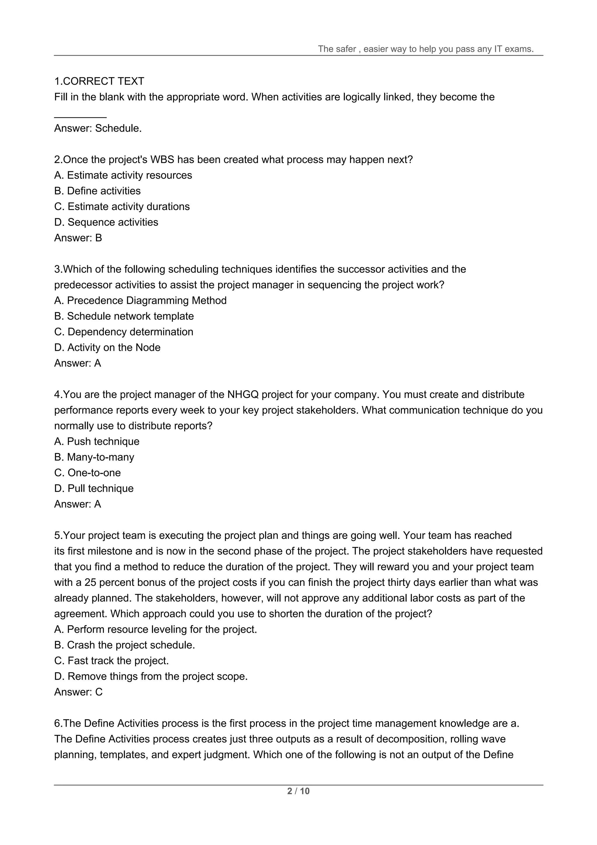 PMI-SP sample exam q and a for schedule exam | PDF