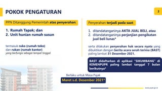 PMK-103 PMK.010 2021 Insentif PPN DTP atas Penyerahan Rumah Tapak dan Unit Hunian Rumah Susun | PDF