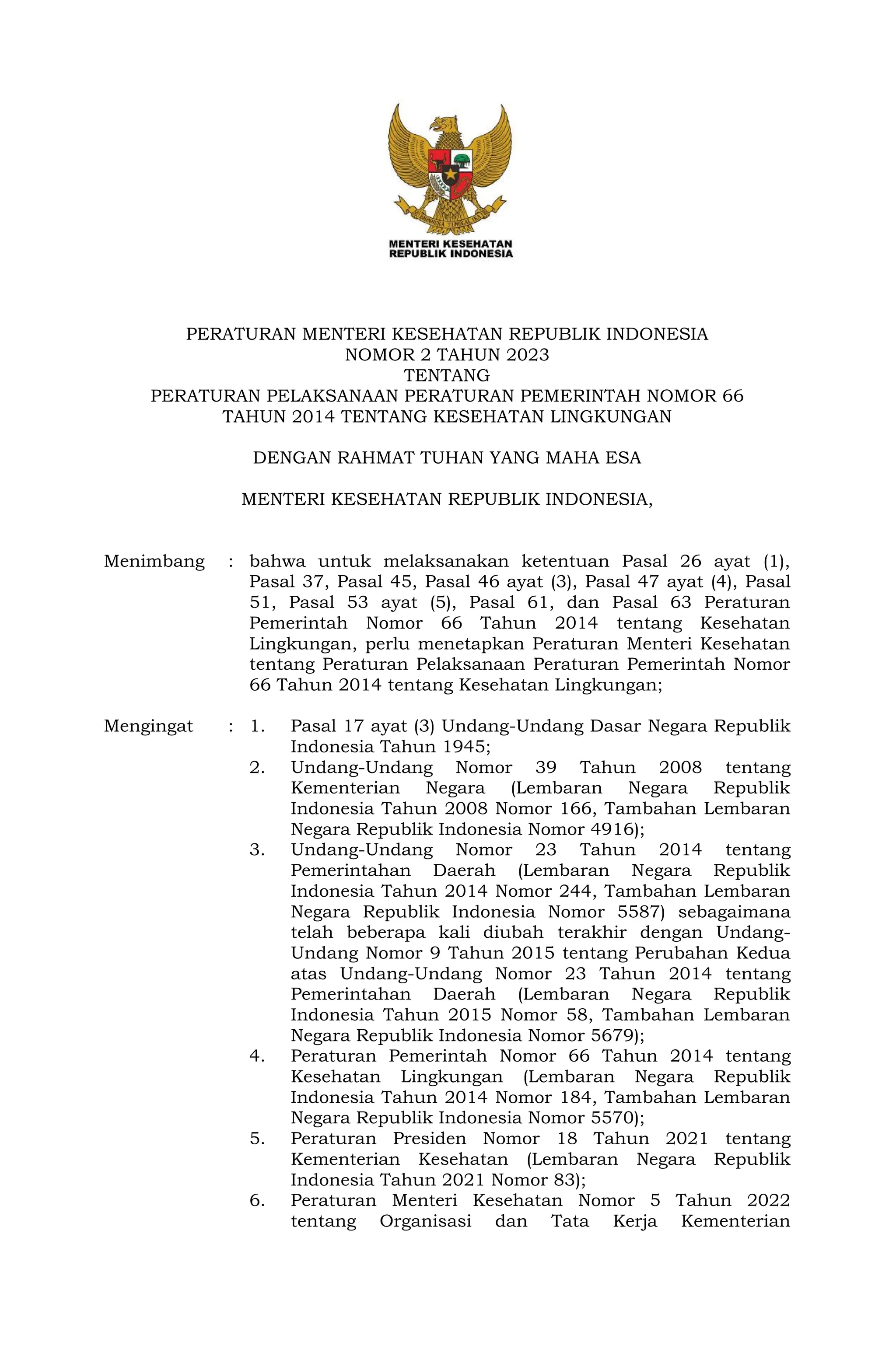 Peraturan Menteri Kesehatan 2 tahun 2023 Kemenkes RI | PDF