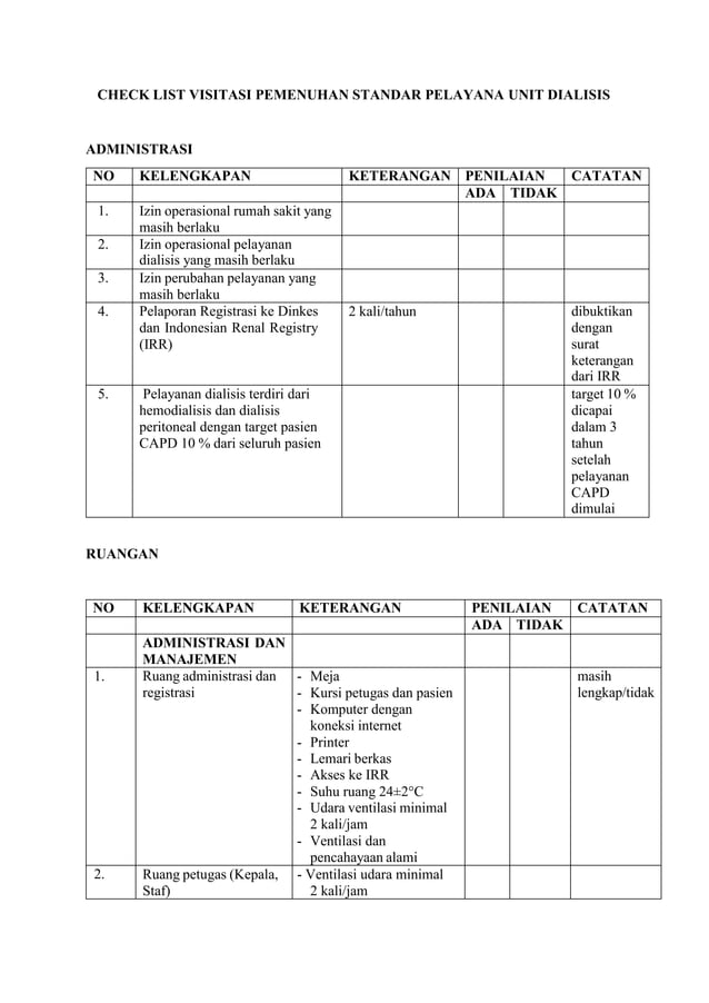 CHECK LIST VISITASI PEMENUHAN STANDAR PELAYANAN UNIT DIALISIS .docx