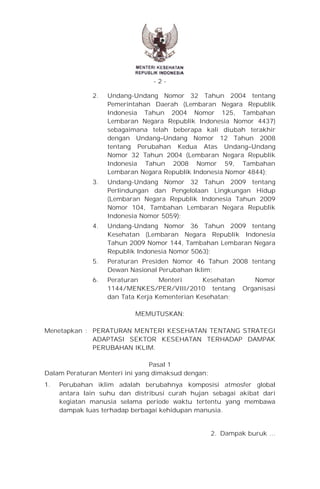 Permenkes No. 1018 Ttg Strategi Adaptasi Perubahan Iklim | PDF