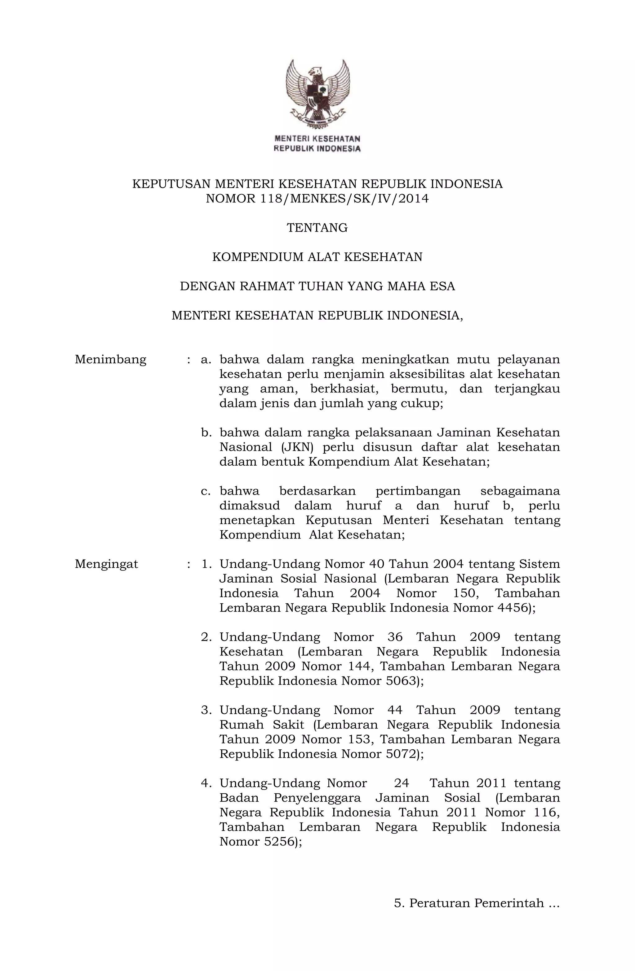 Permenkes No. 118 Tahun 2014 Tentang Kompendium Alat Kesehatan | PDF