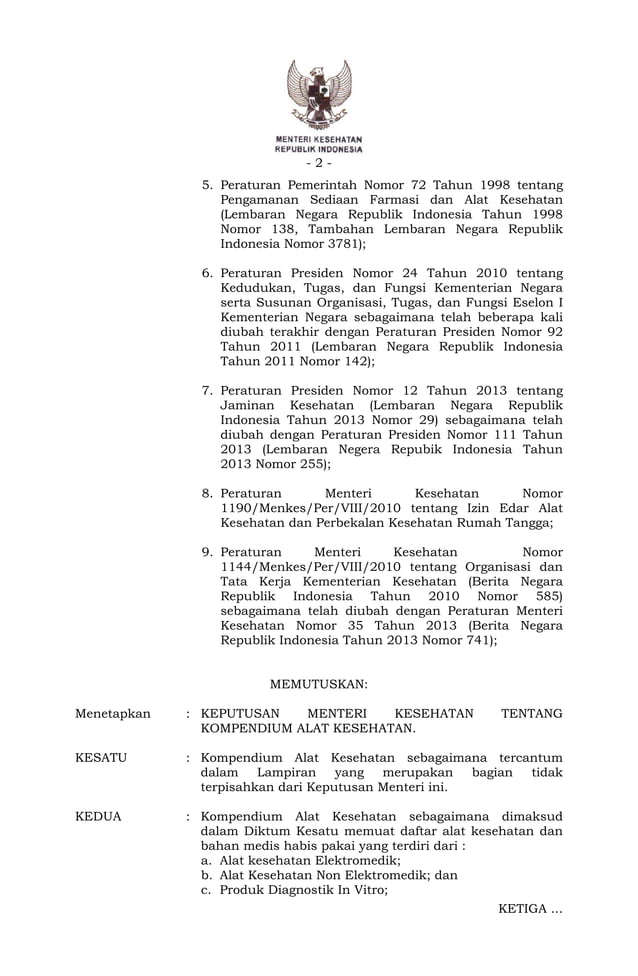 Permenkes No. 118 Tahun 2014 Tentang Kompendium Alat Kesehatan | PDF