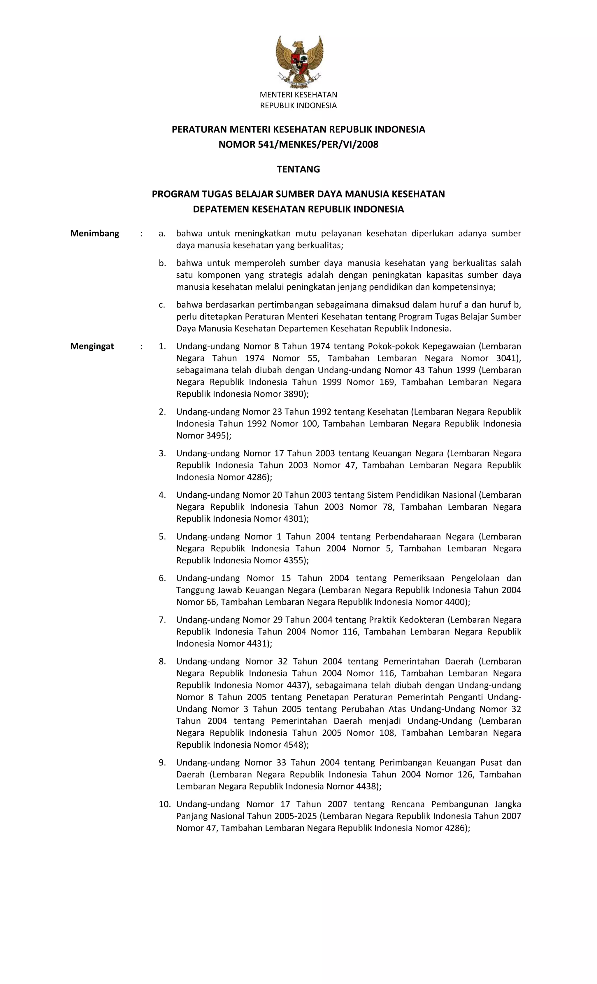 Pmk no. 541_ttg_program_tugas_belajar_sdm_kesehatan_depkes_ri | PDF