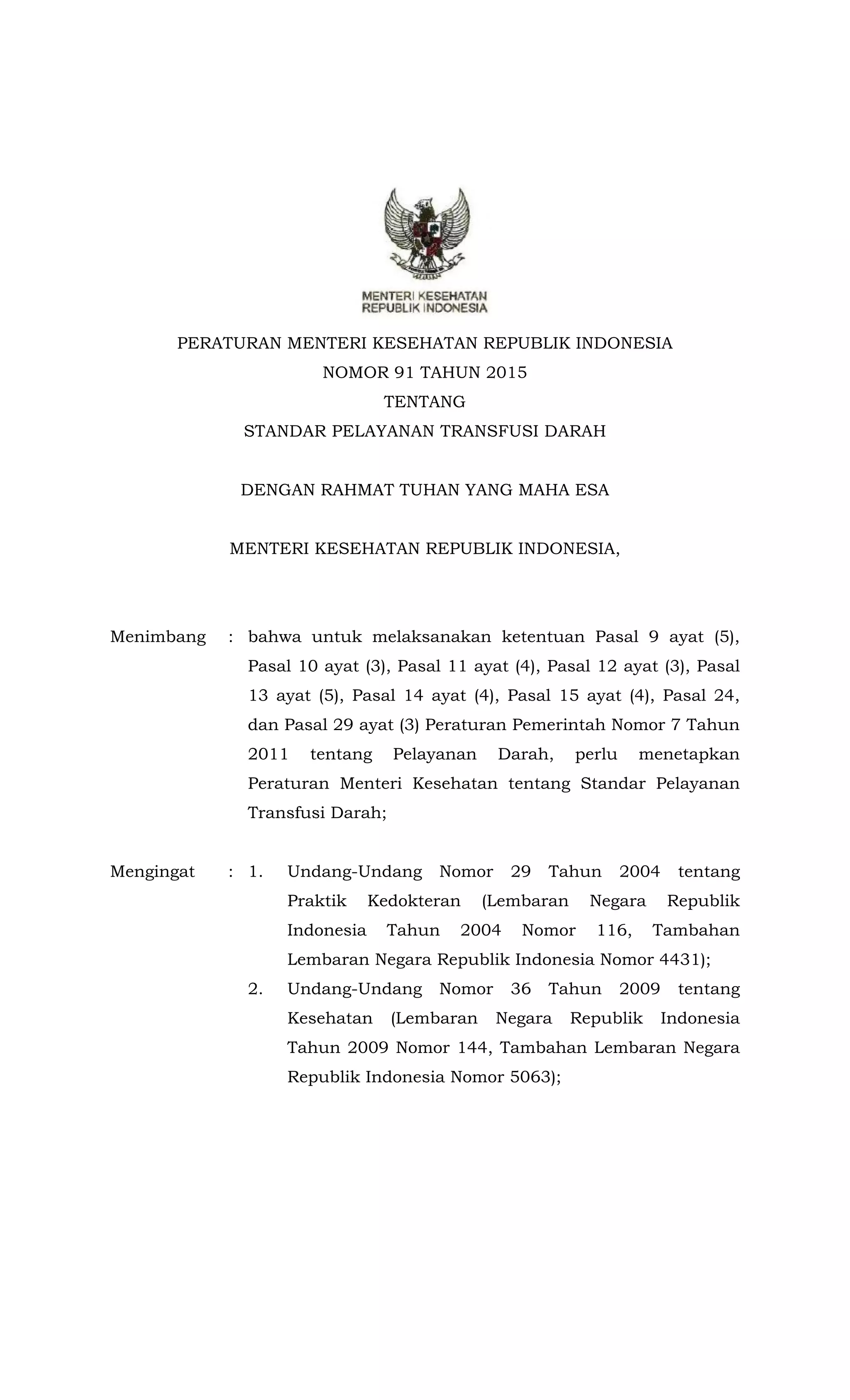 Pmk no. 91_ttg_standar_transfusi_pelayanan_darah_ | PDF