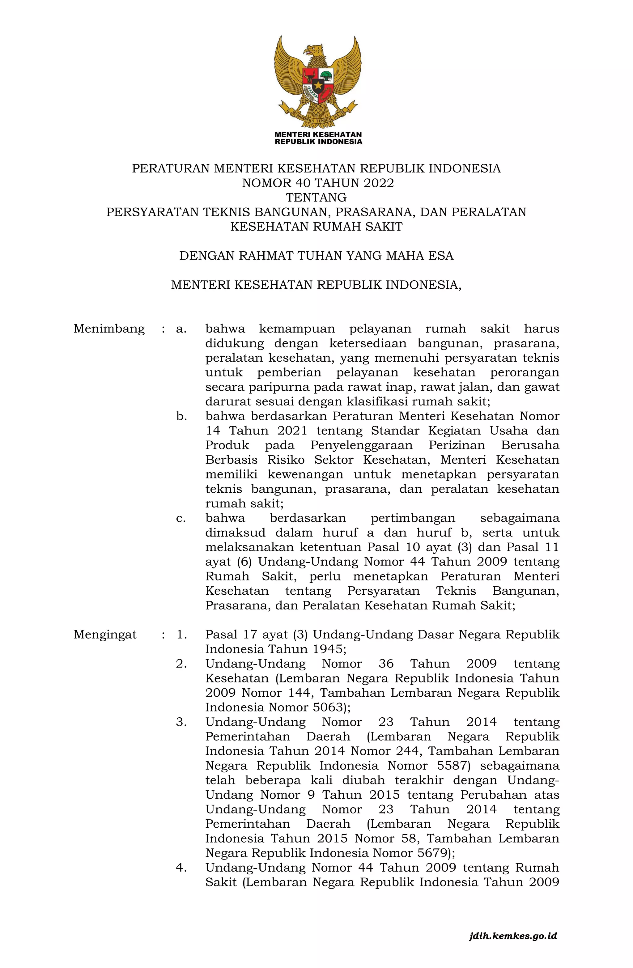 PMK No. 40 Th 2022 ttg Persyaratan Teknis Bangunan, Prasarana, dan Peralatan Kesehatan RS-signed.pdf