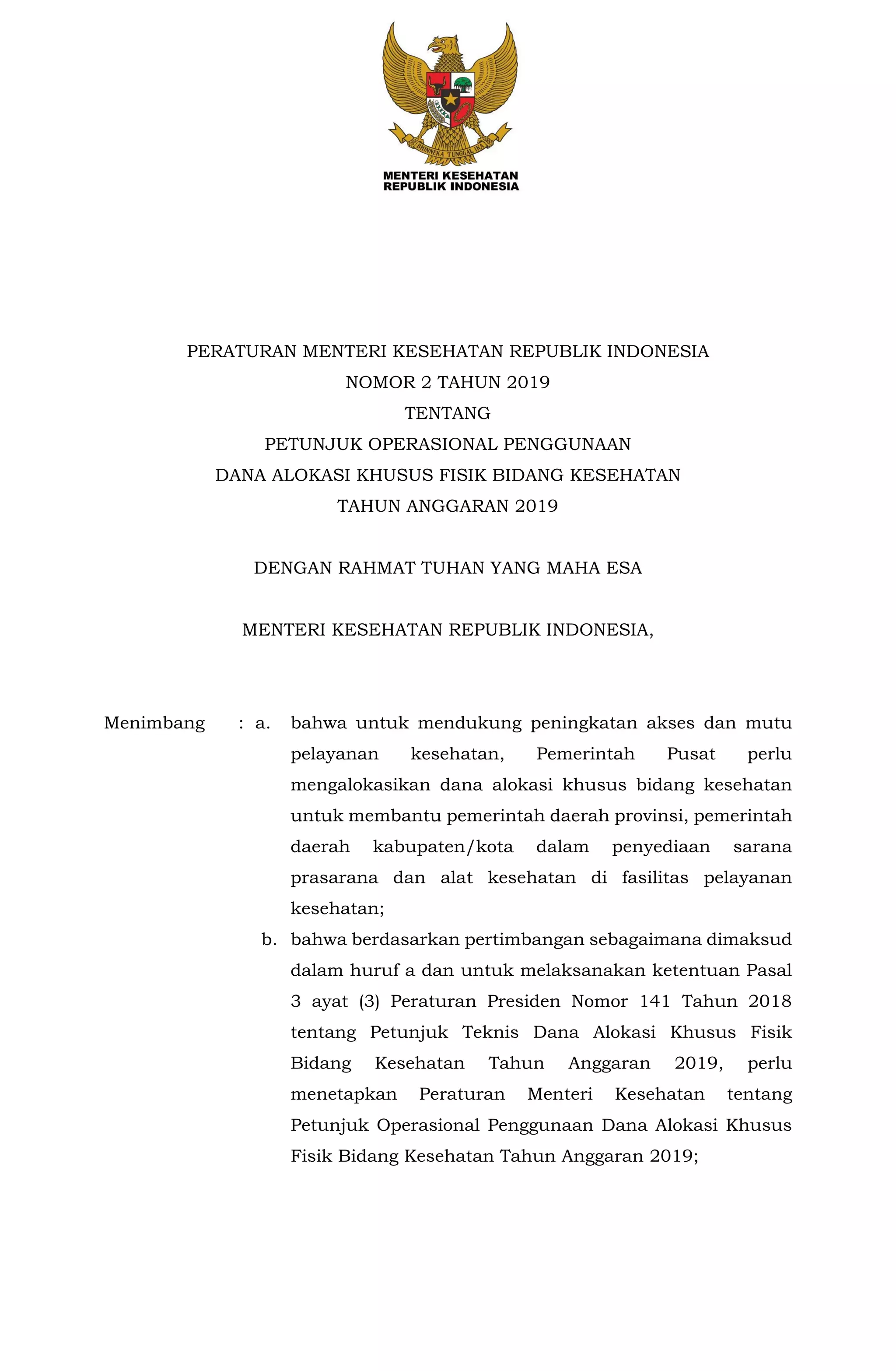 Permenkes RI no 2 Th 2019 tentang petunjuk operasional penggunaan dak ...