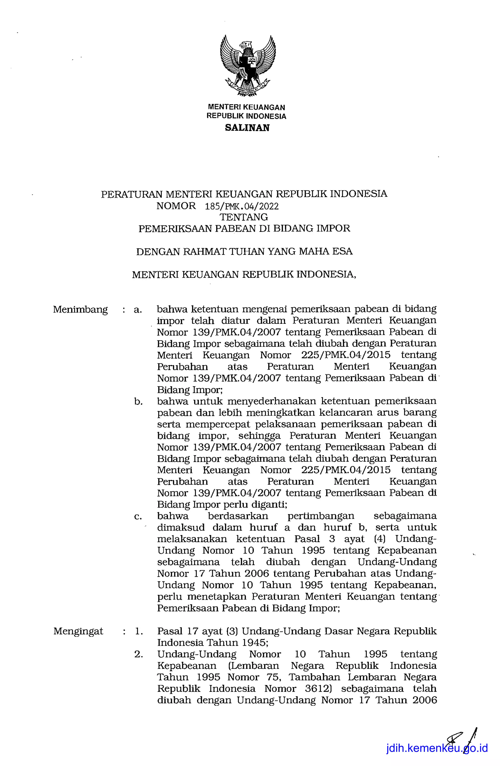PMK RI No 185 Tentang Pemeriksaan Pabean di Bidang Impor.pdf