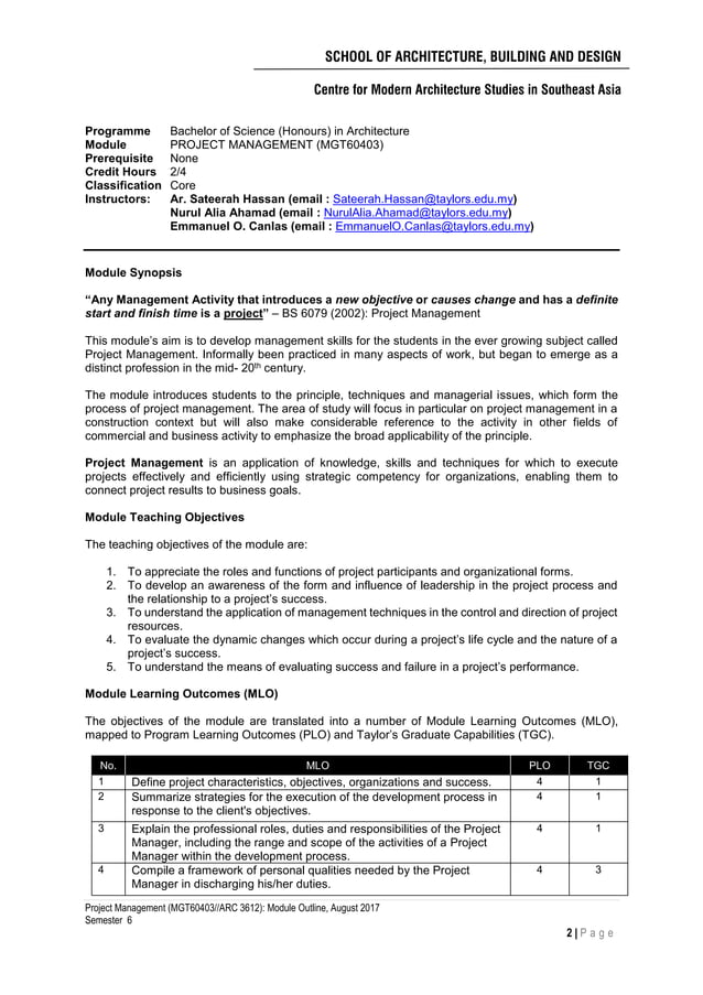 SEM 6 : PROJECT MANAGEMENT MODULE OUTLINE | PDF