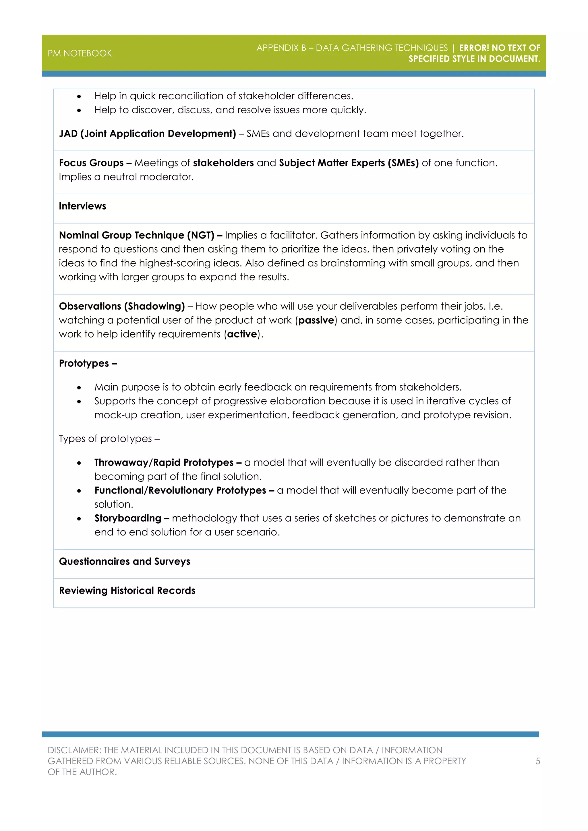 PM Notebook - Appendix B - Data Gathering Techniques | PDF